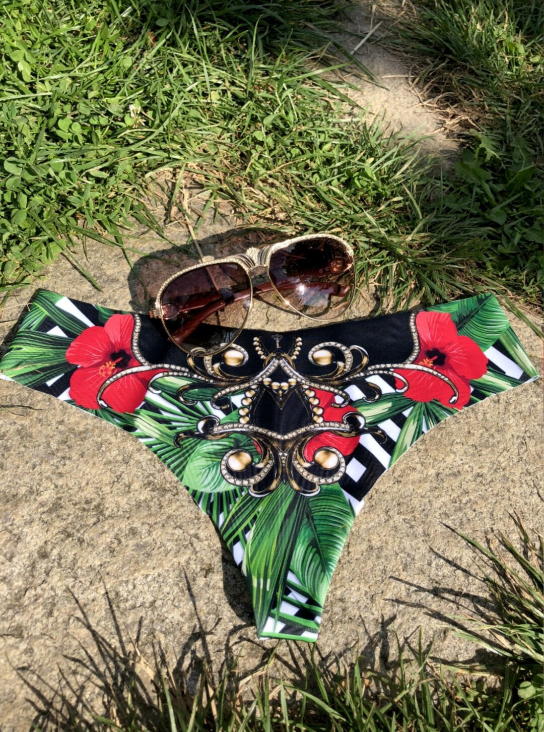 Floral V Shaped High Cut Bikini Bottom, Sexy Cheeky Seamless Swimsuit ...