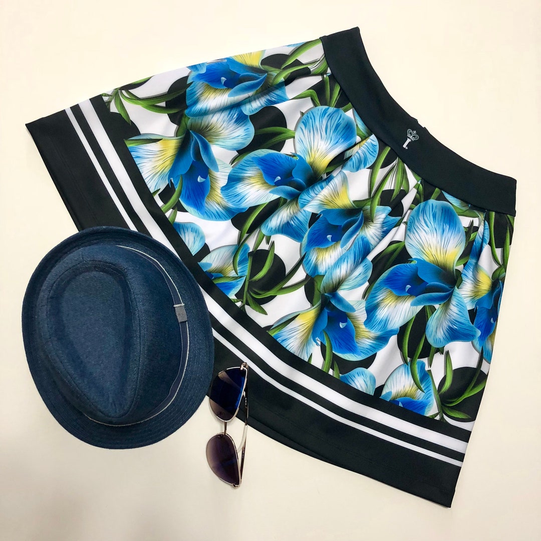 Floral Flare Skirt, Mini Preppy Swing Skirt in Blue, Country Club ...