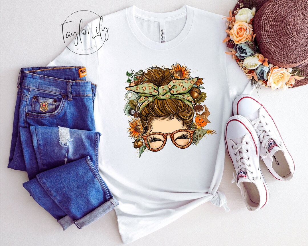 Messy Bun Shirt, Woman Fall Shirt, Hello Pumpkin, Fall Vibes, Peace ...