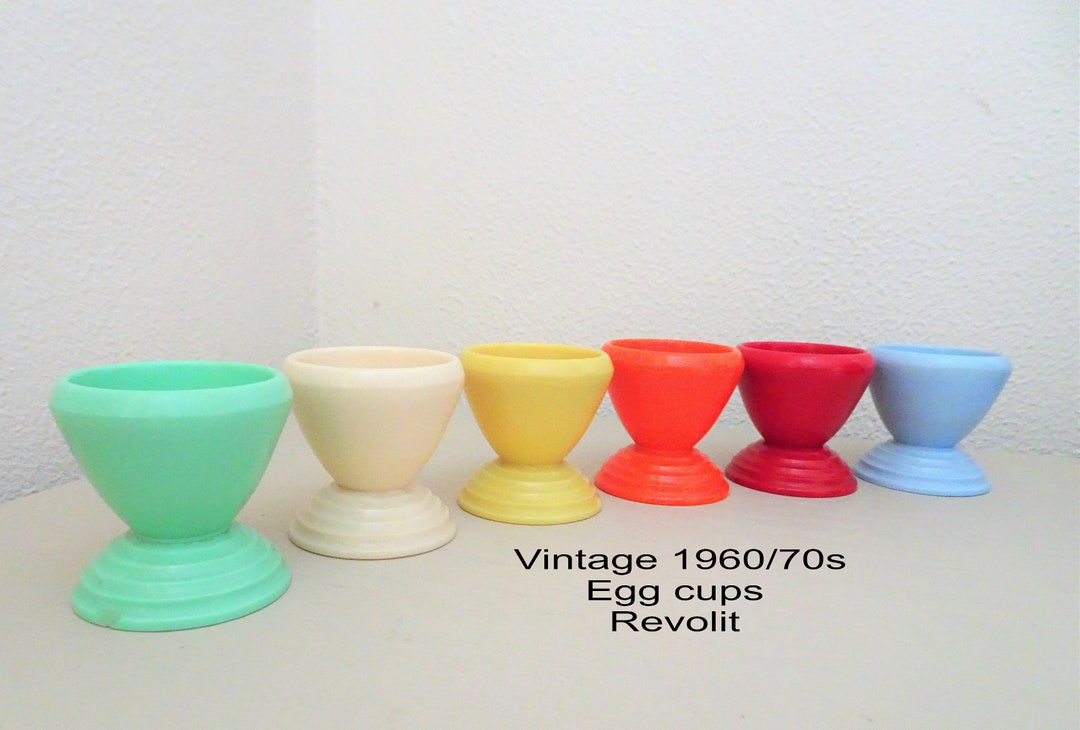 Vintage Six Plastic Egg Cups in Red Yellow Mint Green Orange Light Blue ...