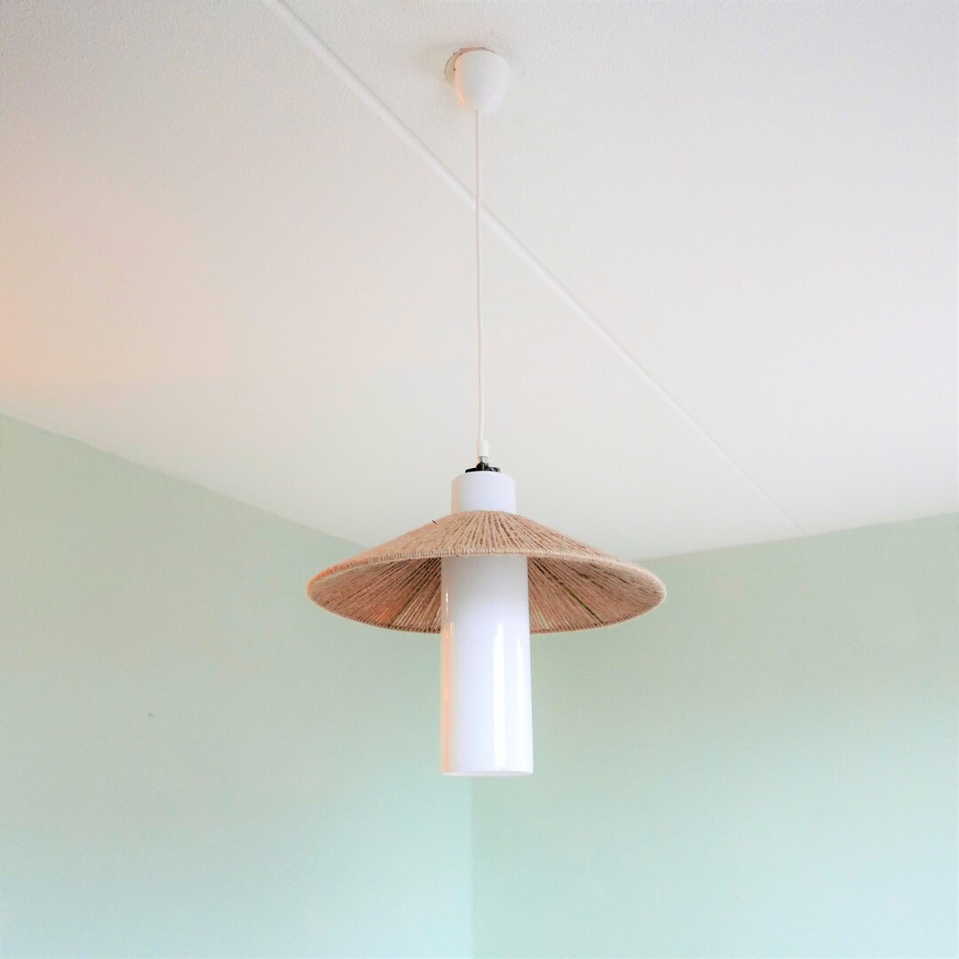 Vintage Pendant Lamp Danish Scandinavian Design Milk Glass Sisal Rope ...