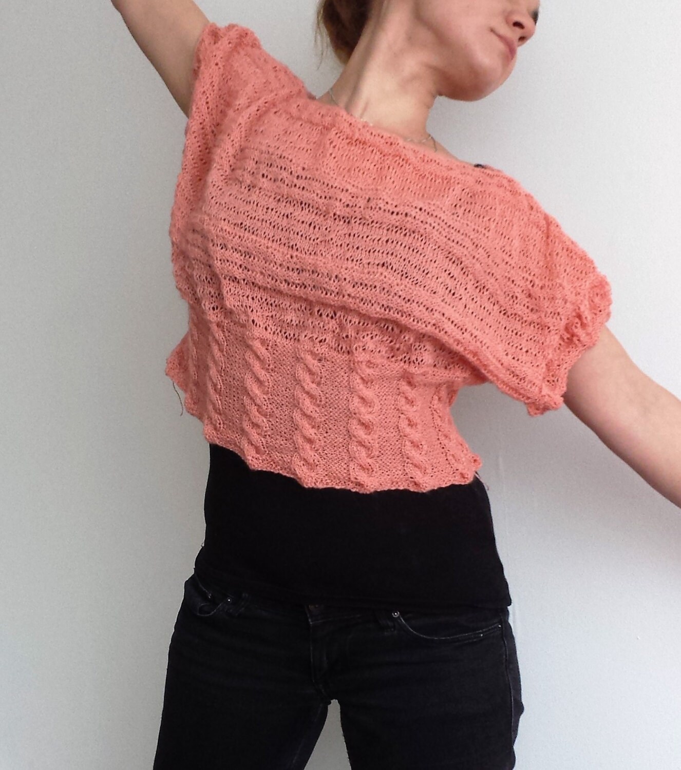 Short Sleeve Knit Sweater, Salmon Colour, Hand Knit, Kid Mohair, Merino ...