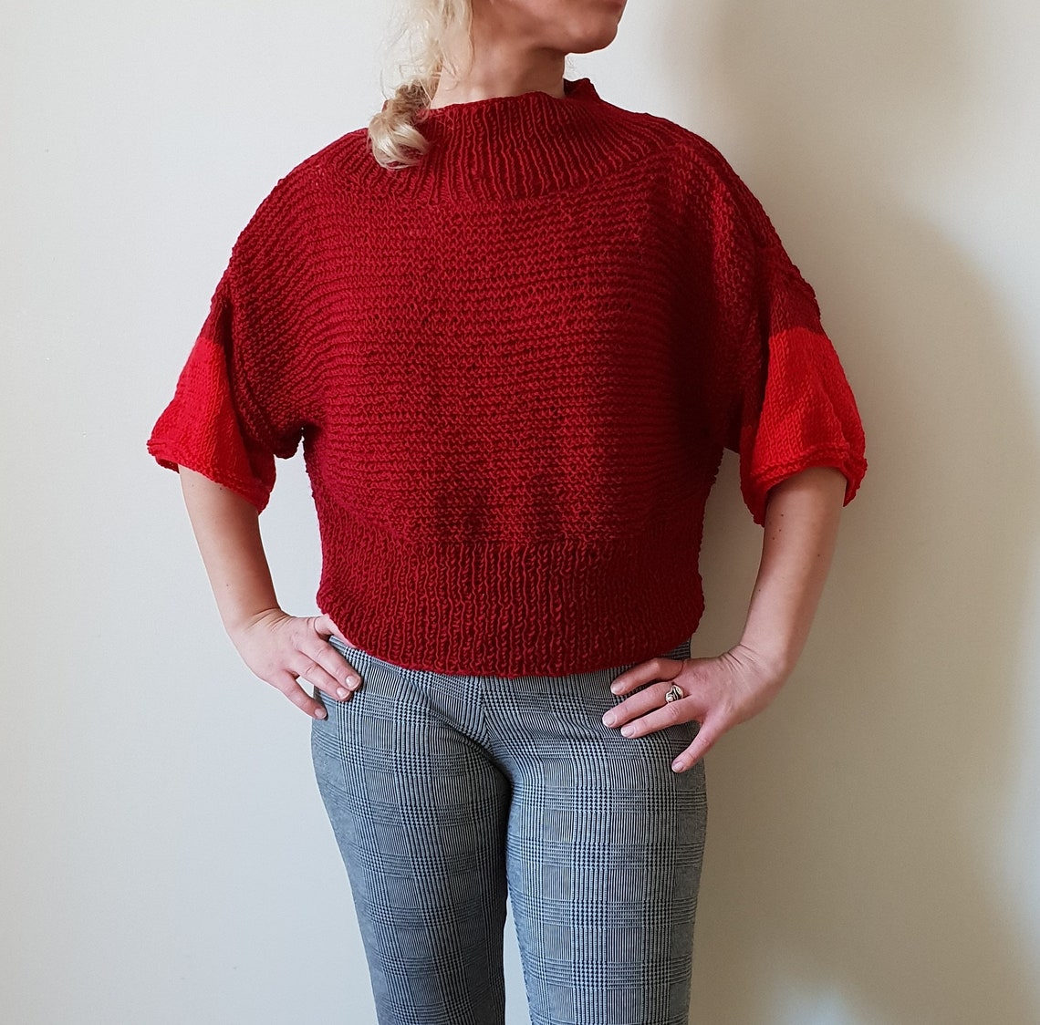 Roter Pullover, kurze Ärmel, Frauen Pullover stricken Wolle Pullover ...