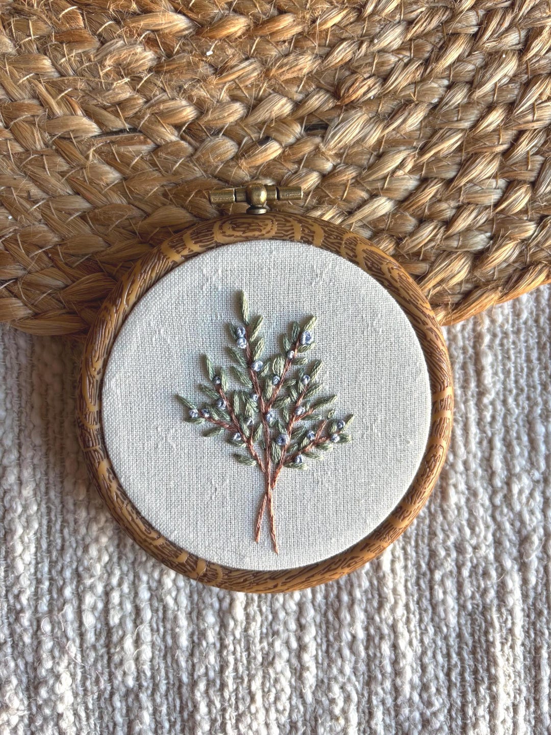 Juniper Branch Finished Embroidery Art Cottagecore Wood Hoop Small 4 ...