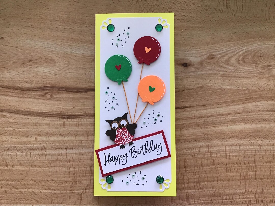 Owl and Balloons Birthday Card: Rhinestones, Sequins, and String - Etsy