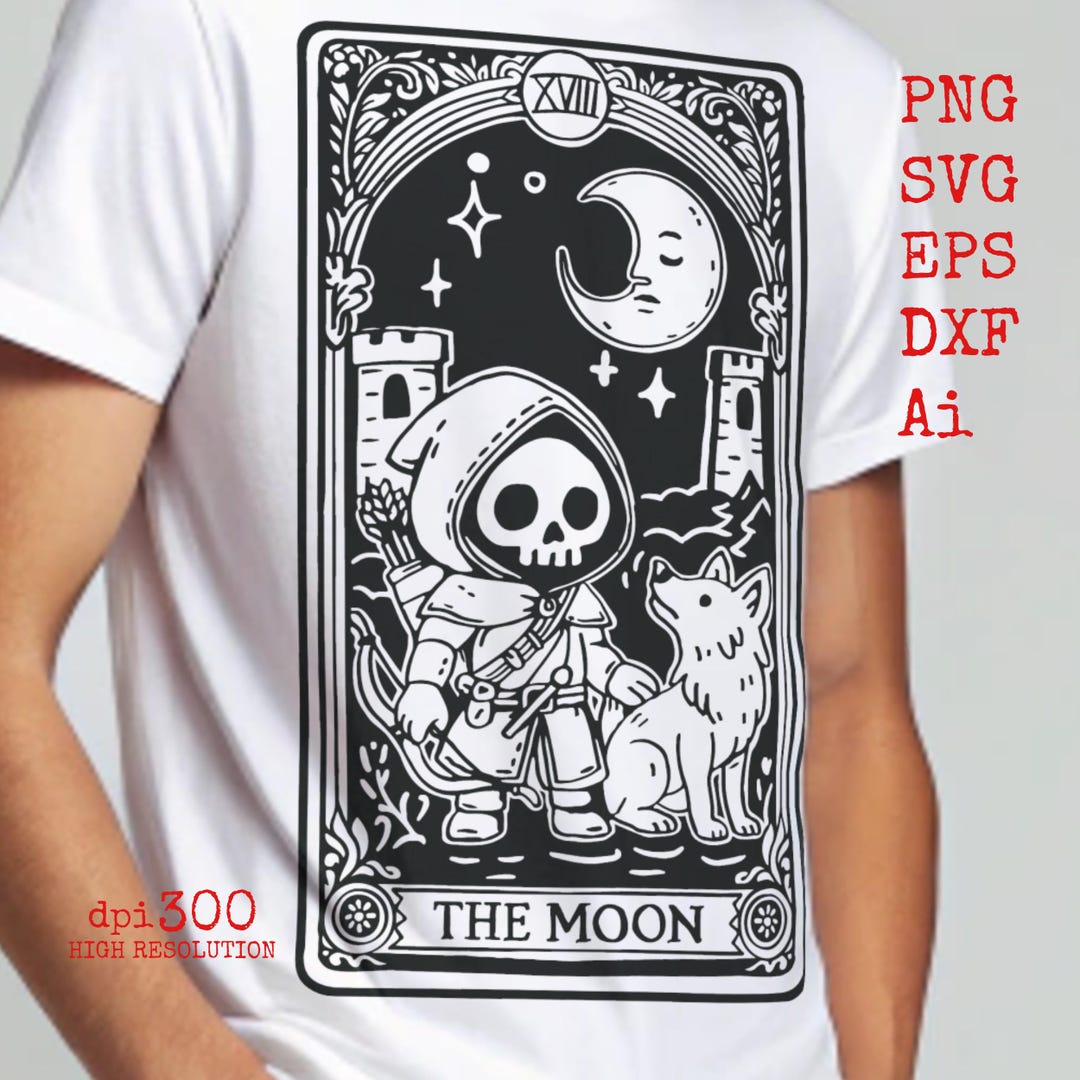 The Moon Tarot Card: Chibi Skeleton, Wolf, DND Gaming (digital Download ...