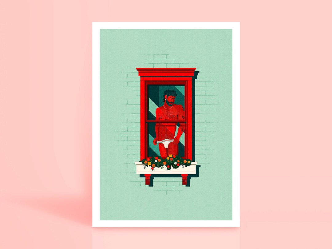 Tattoo Man in Window With Jockstrap and Flower Box | Gay Illustration ...