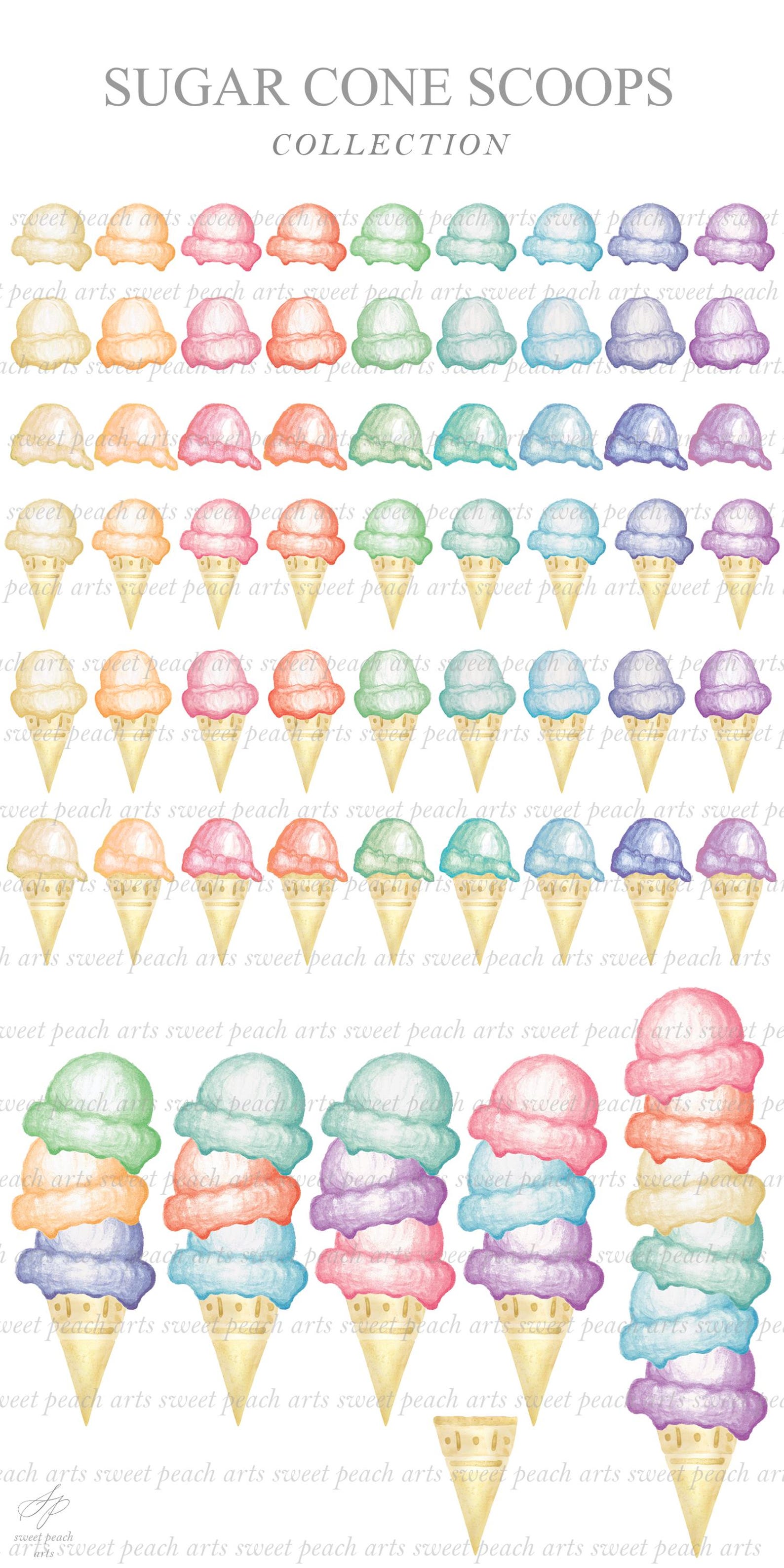 Ice Cream Sugar Cone Scoops Clip Art Scoop Digital Art Png Bundle ...