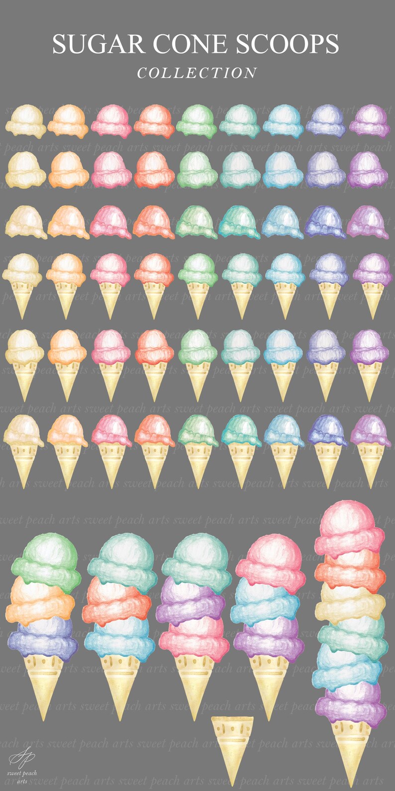 Ice Cream Sugar Cone Scoops Clip Art Scoop Digital Art Png Bundle ...