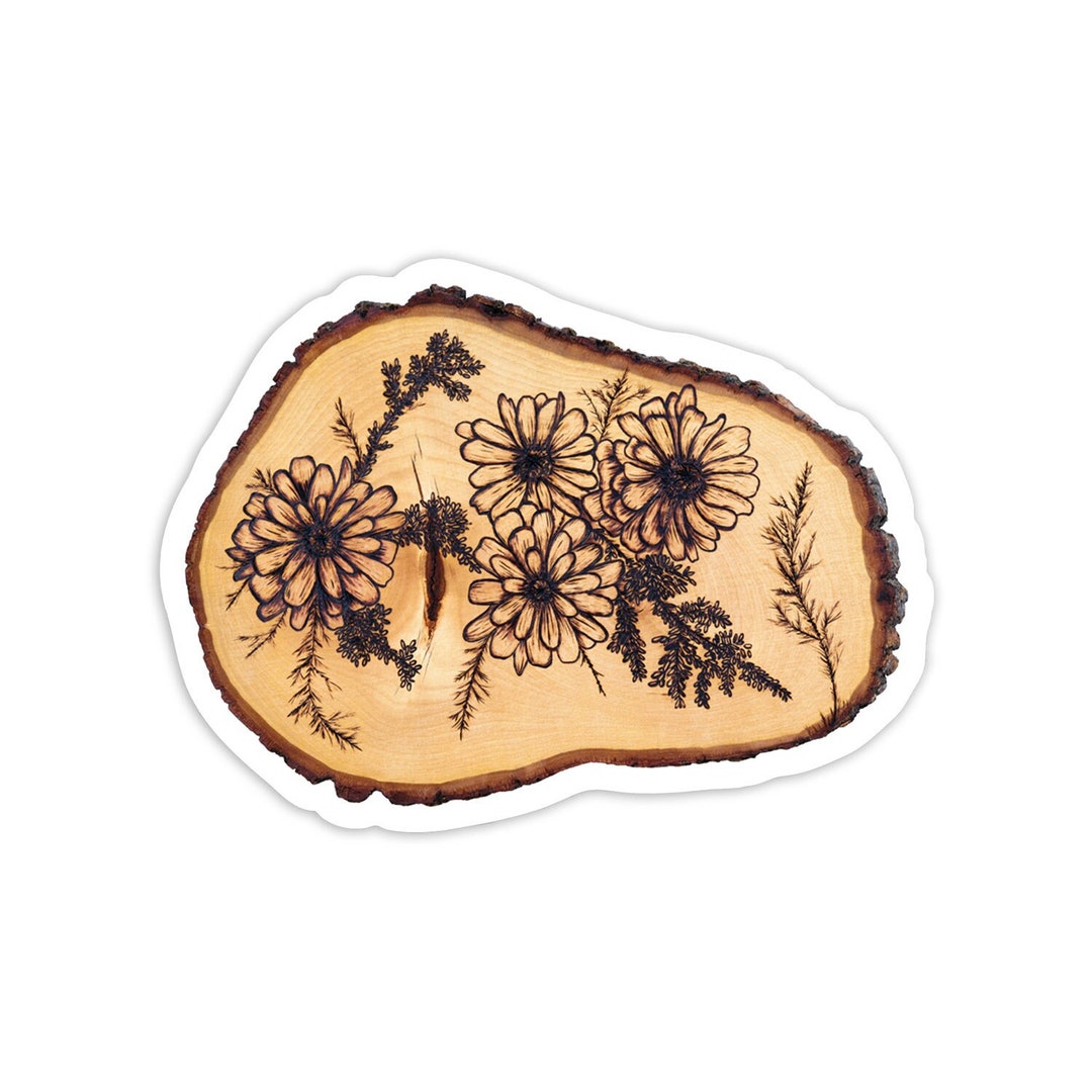 Floral Wood Burning Vinyl Sticker | Rustic Sticker, Boho Flower Sticker ...