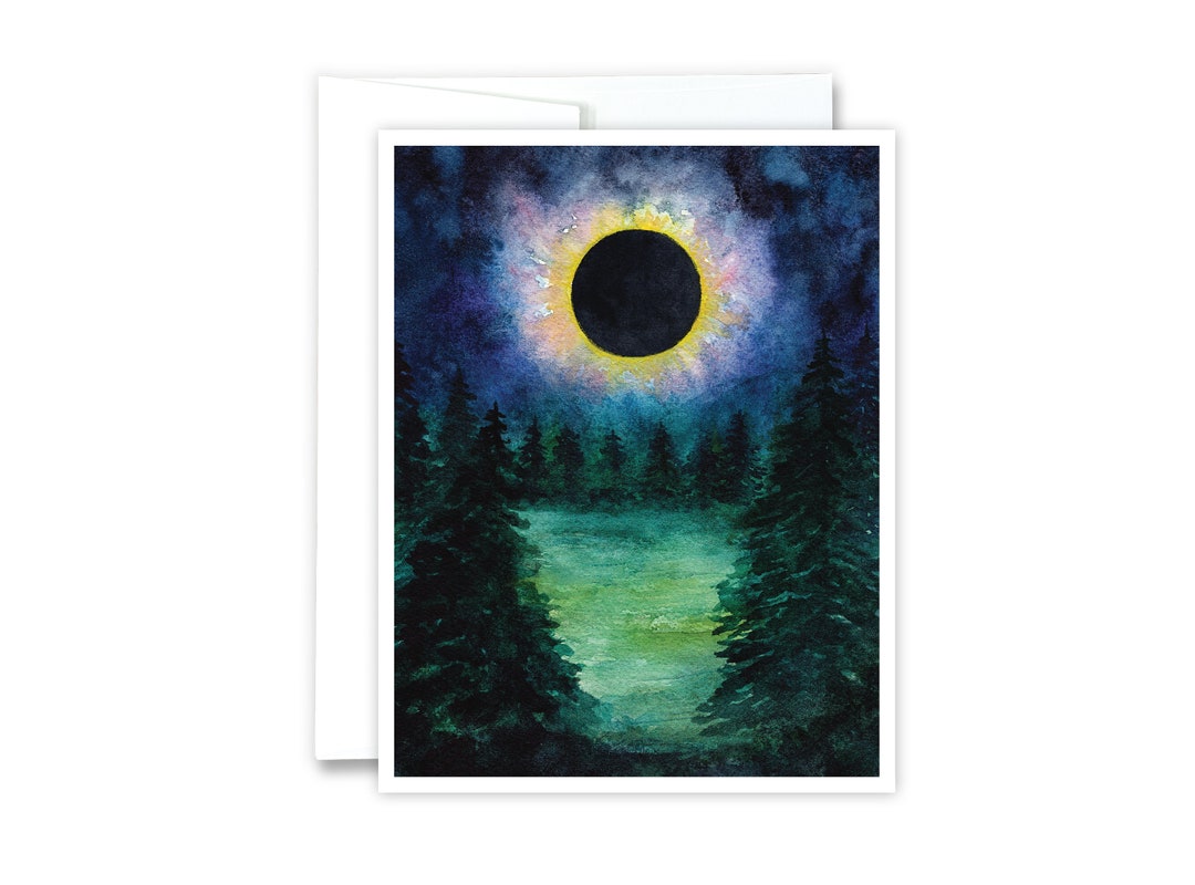 Watercolor Eclipse Greeting Card | Solar Eclipse Tree Landscape ...