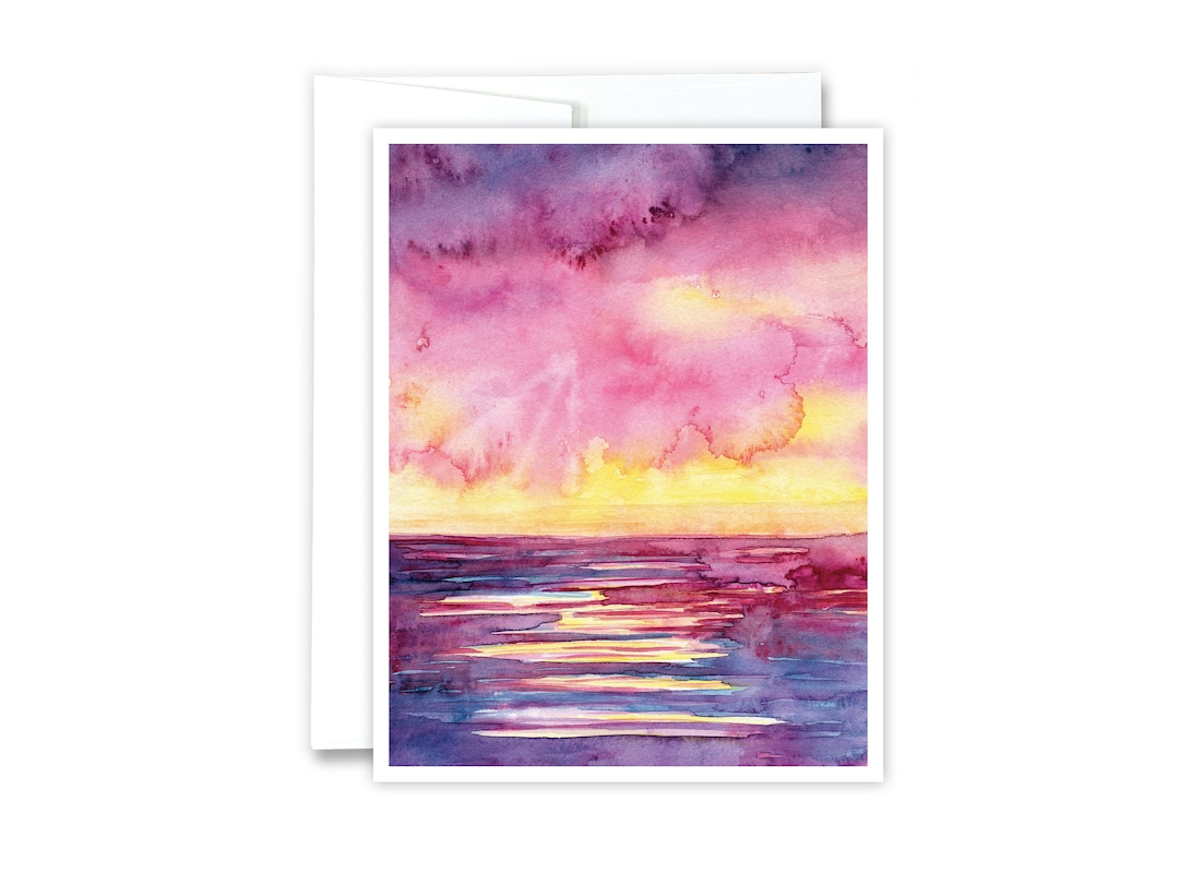 Sunset Ocean Greeting Card | Watercolor Ocean Landscape, Sunset Art ...