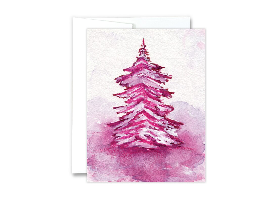 Pink Winter Tree Card Snowy Tree Card Pink Holiday Card - Etsy