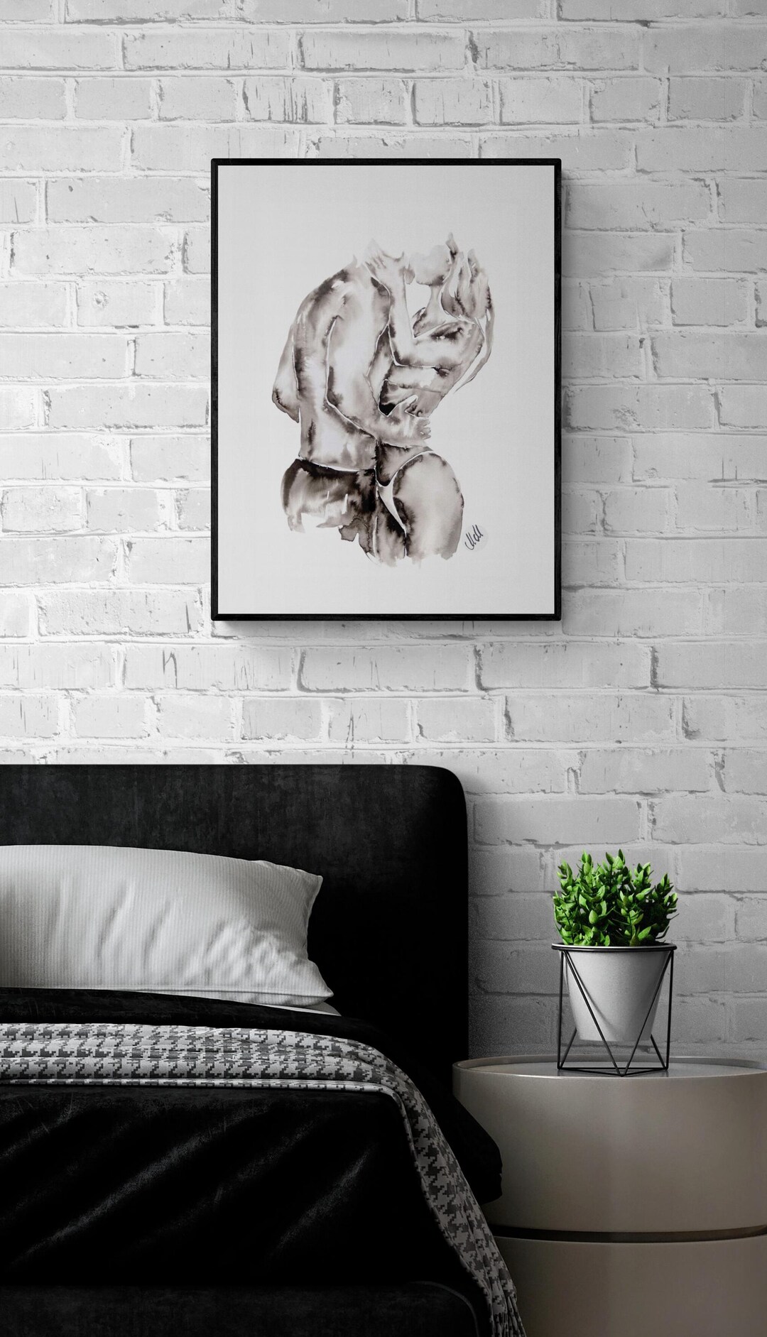 Lovers Ink Artwork: Romantic Couple Embrace, Minimalist Painting ...