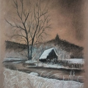 Snowy Landscape Charcoal Drawing Sketch on Old Brown Paper Vintage ...