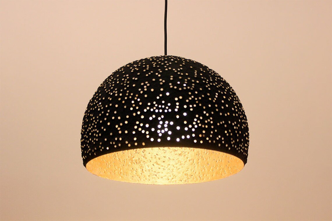 Black and Gold/silver Painted Paper Mache Pendant Light With Glass ...