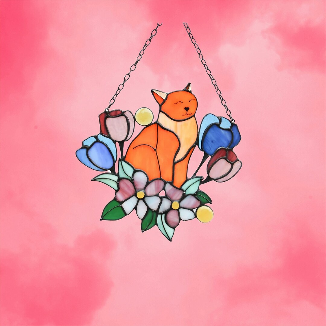 Suncatcher Cat in Tulip Stained Glass Window Hanging /cat Decoration ...