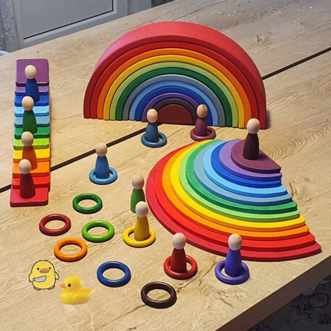Wooden Waldorf Rainbow Puzzle Set Montessori Style Grimms Toy Set Open ...