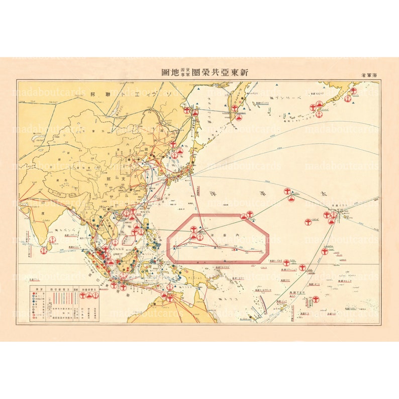 Japanese Military Map WW2 Japanese Imperial Navy Air Land Sea Route Map ...
