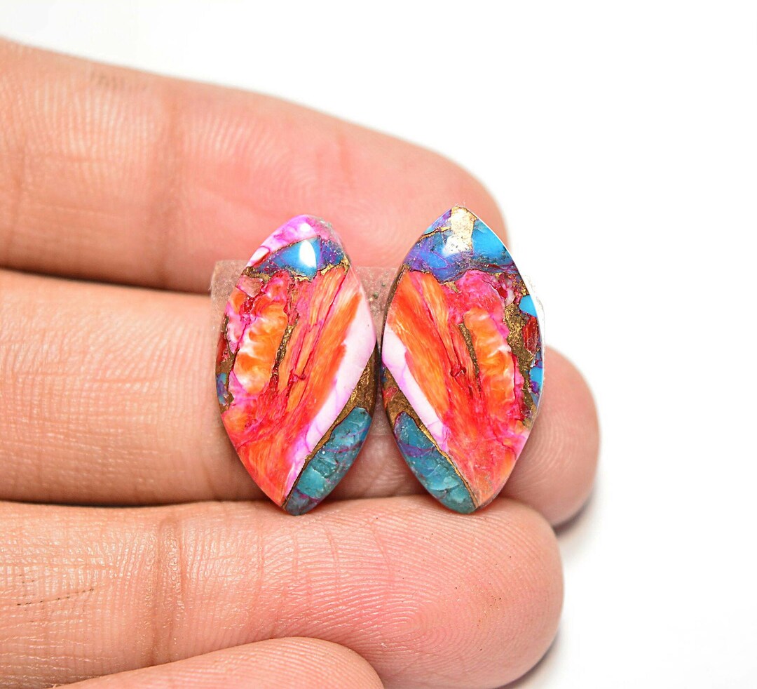 Arizona Pink Mohave Turquoise With Spiny Oyster Cabochon Pair... Marquise Cabochon...22x12x4mm ...