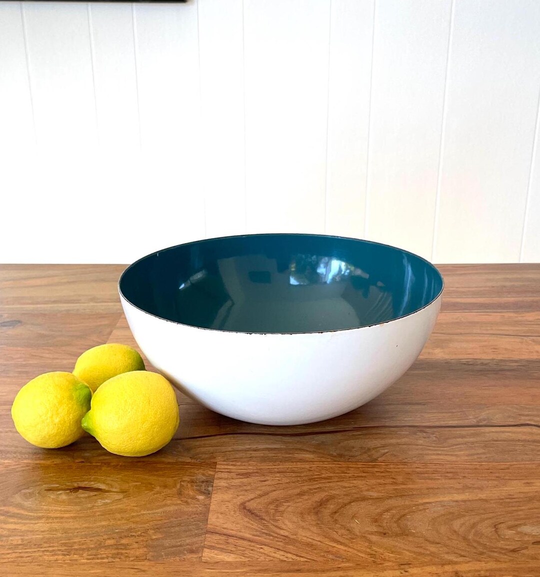 Vintage Enamel Large Teal Blue and White Bowl - Attributed to Finel ...