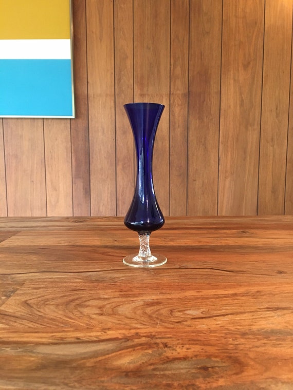 Vintage Cobalt Blue Fluted Glass Vase With Clear Base | Etsy