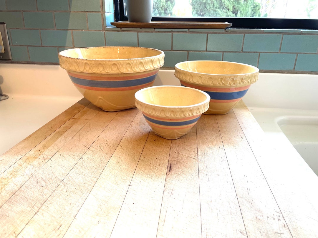 Set of 3 Early Mccoy Pottery Yellow Ware Nesting Bowls With Blue and ...