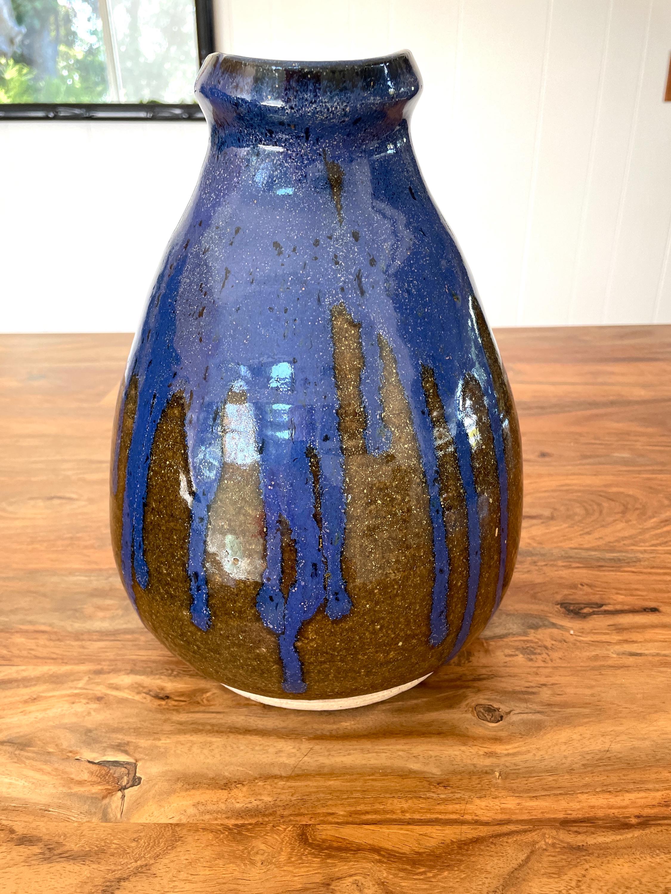 Mid-century Modern Studio Pottery Vase, Indigo Drip Glaze by Gerald ...