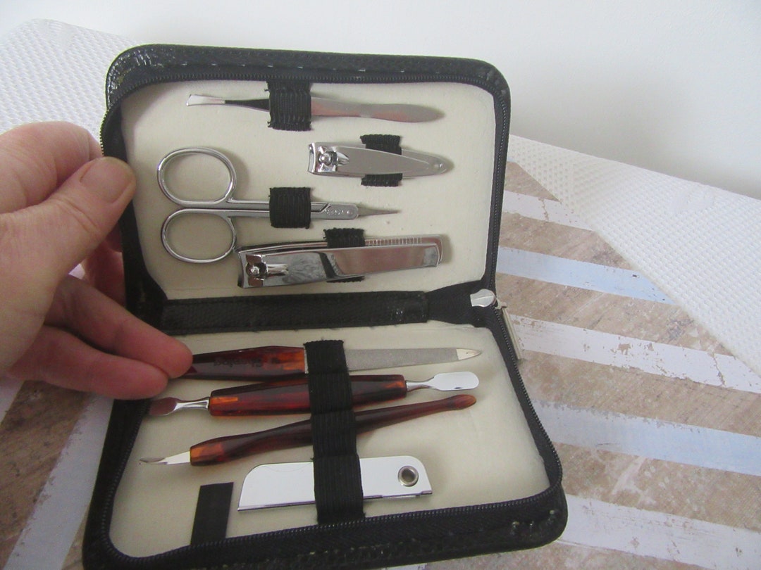 Vintage Manicure 8 Piece Set in Black Leather Look Zipped Case. Travel ...