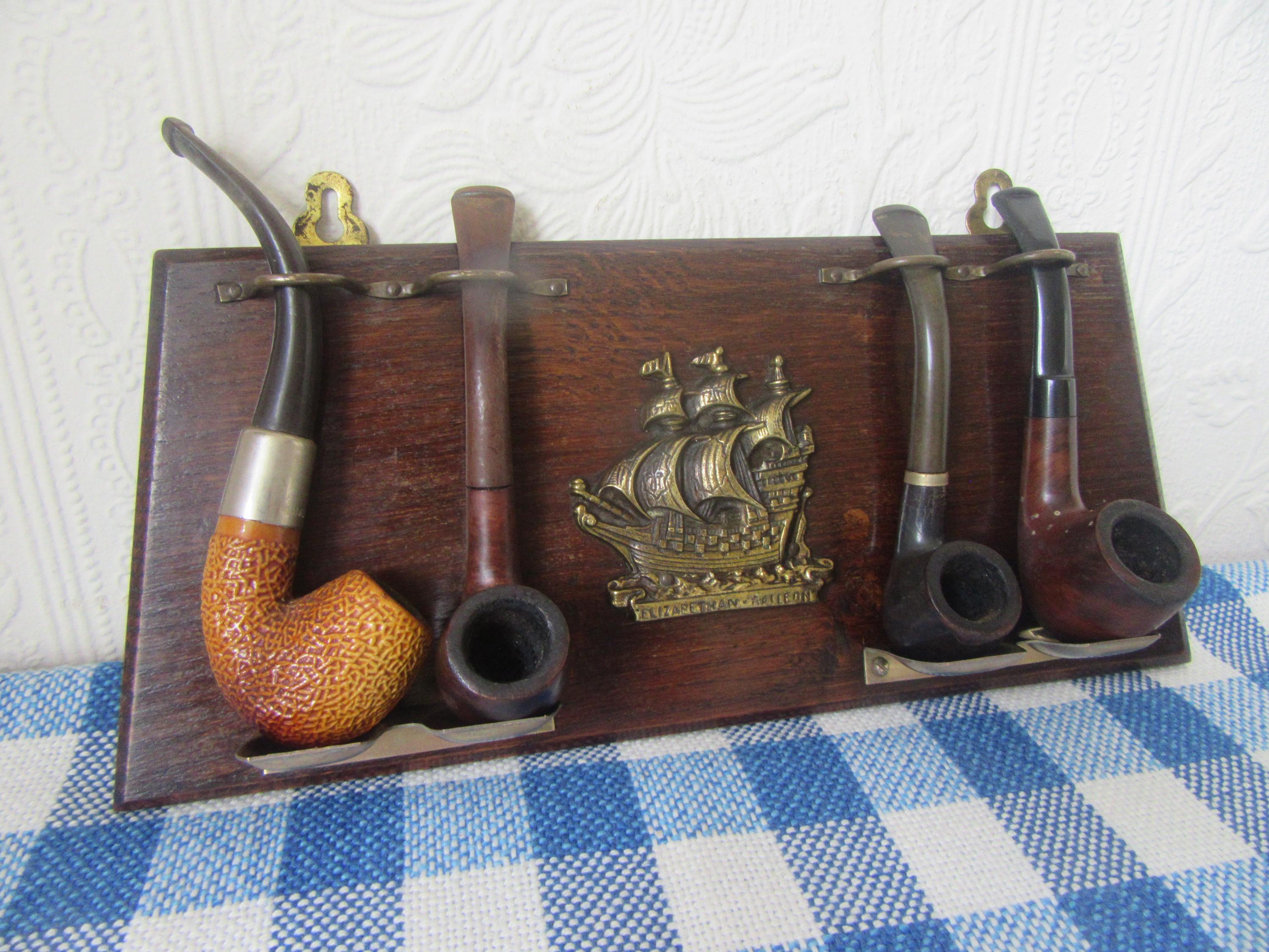 Mid Century Wooden Pipe Stand With "elizabethan Galleon" Brass Plaque ...