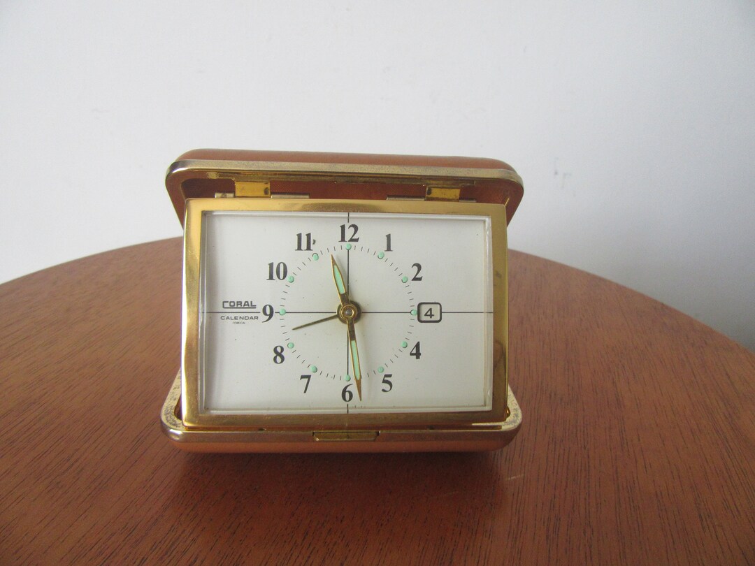 Vintage Coral Travel Calendar Alarm Clock. Light Tan Leatherette Case ...