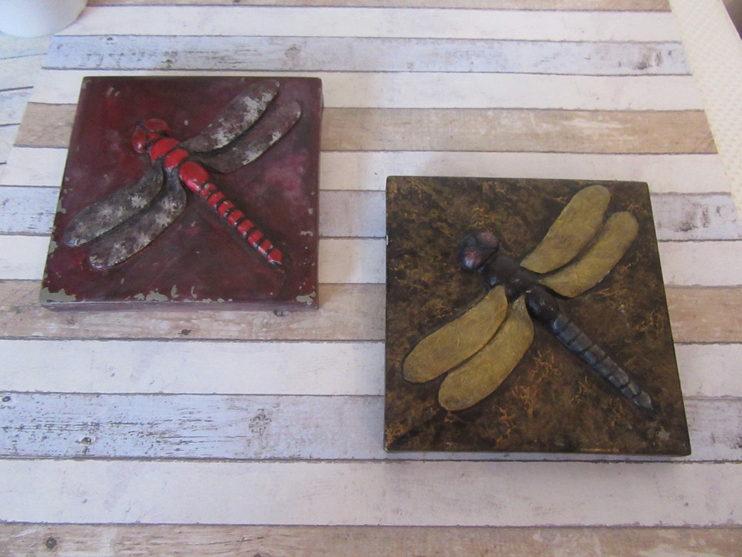 Set of 2 Dragonfly Wall Plaques Studio Pottery Signed Daniel Cline ...