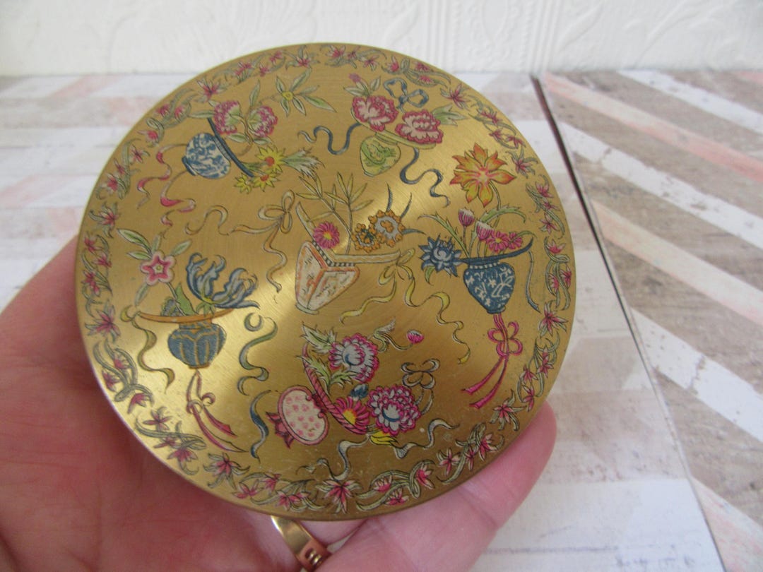 Vintage Vanity Fair Compact. Enameled Bright Flowers in Vases Design ...