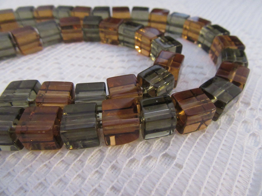 Glass Square Beads Necklace With T Bar Fasten, Grey and Brown Glass ...