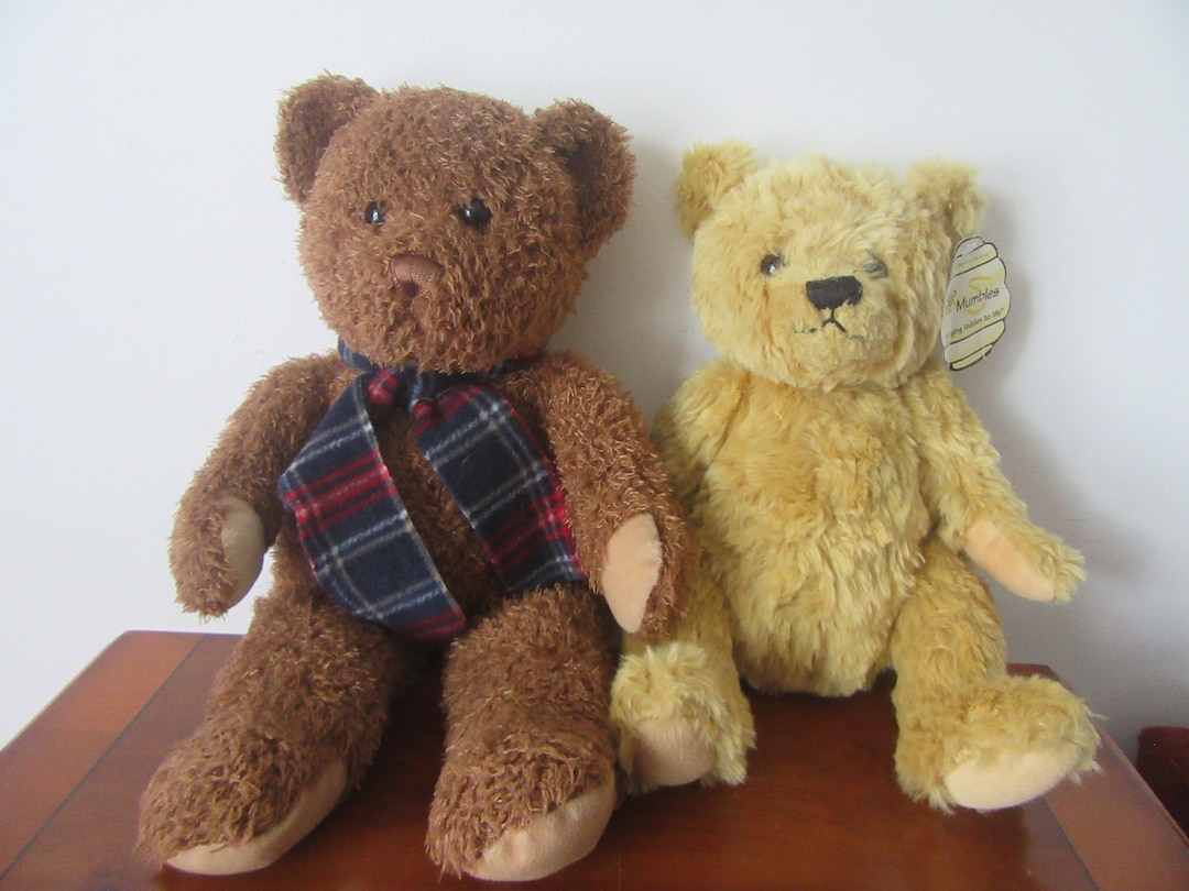 Teddy Bears. Brown With Tartan Scarf. Beige (mumbles) Moving Arms & Legs. Vintge Collectible ...