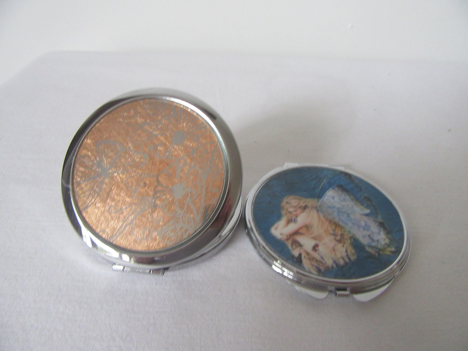 Set of 2 Double Mirror Compacts.angel and Butterfly.silvertone Metal ...