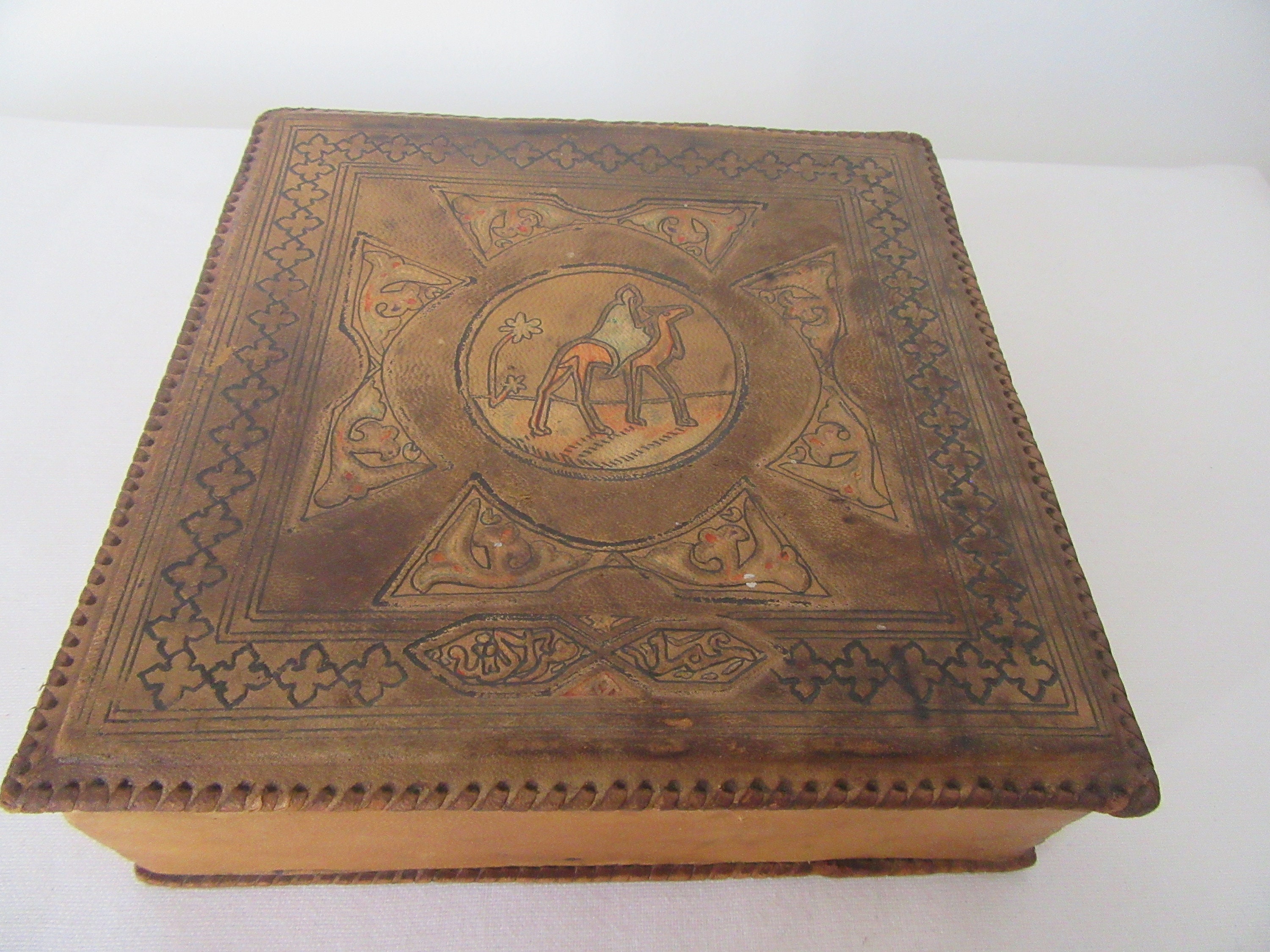 Rare Handmade Vintage Tooled Leather Square Box.eastern Scene - Etsy