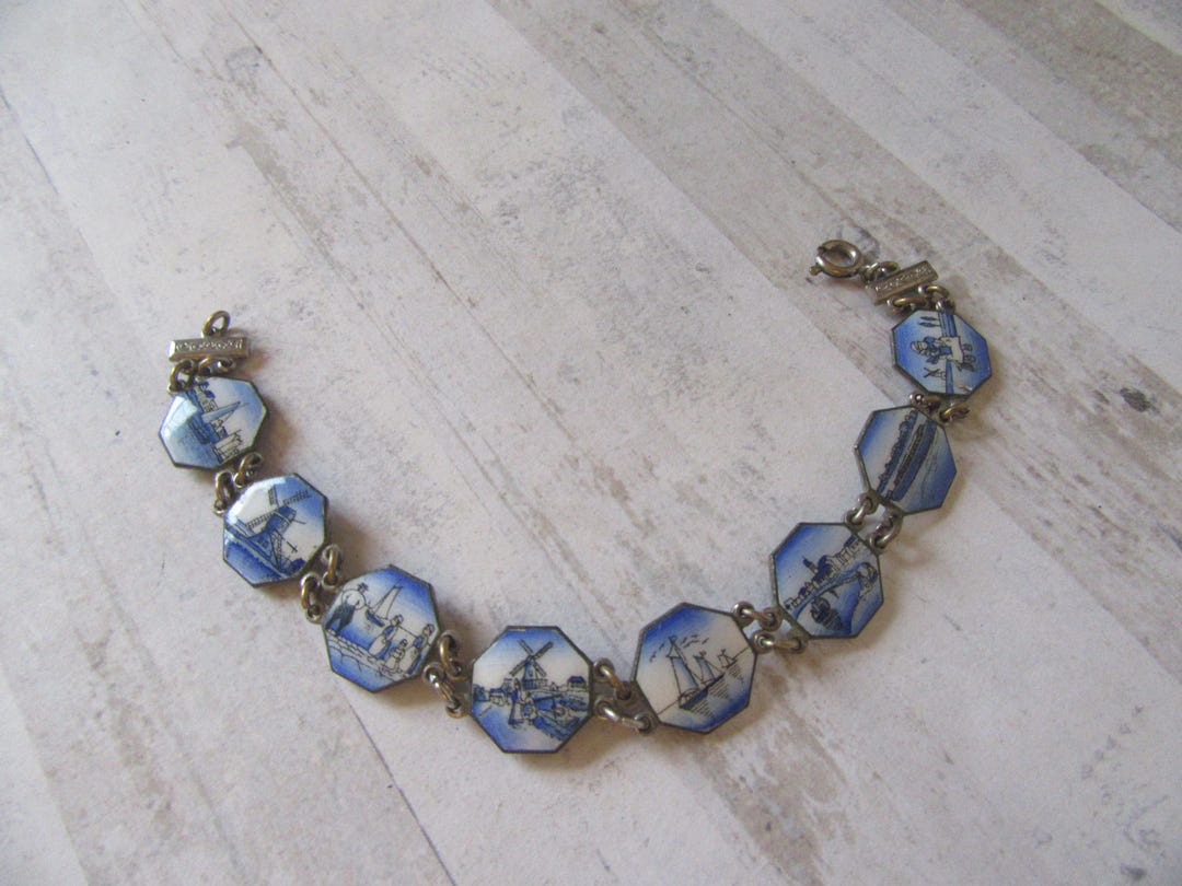 Vintage Enamel Delft Blue Dutch Scenes Panel Bracelet. Silver Plated ...