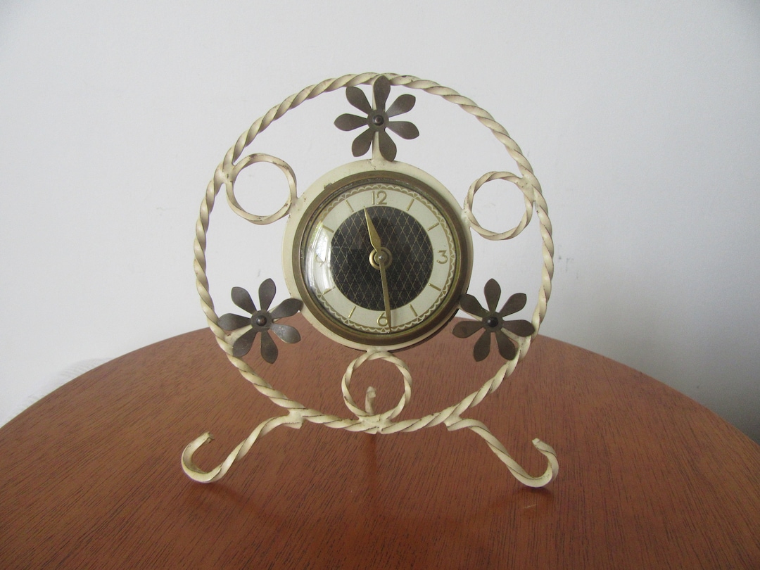 Vintage 1950s Brass and Wrought Iron Metal Flower Design Clock. Manual ...
