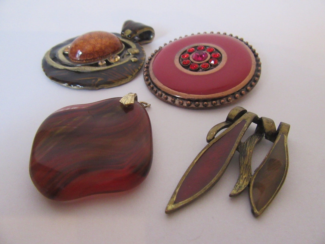 Vintage Pendants X 4. Red Enamel With Stones. Brown Enamel Orangey ...
