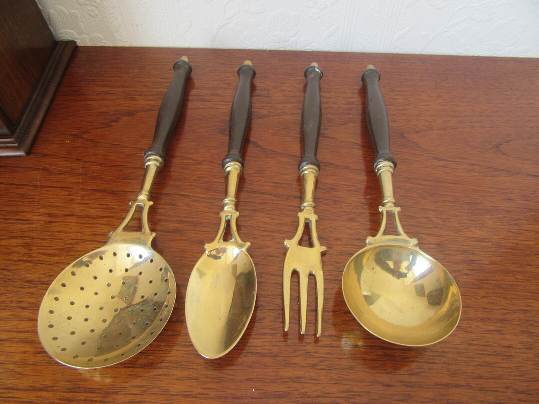 Vintage Wood and Brass Kitchen Utensils Set. Ladle, Fork, Spoon and ...