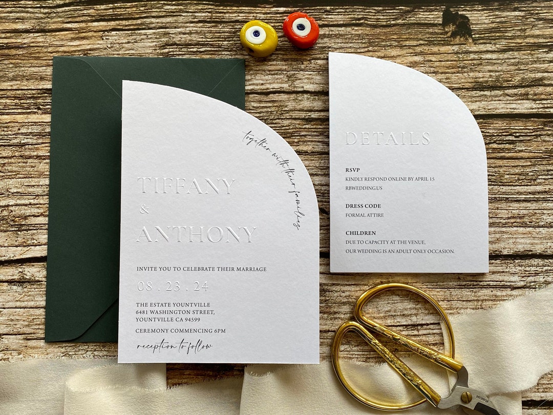 Half Arch Emboss Wedding Invitation, Modern Minimal Letterpress Invite ...