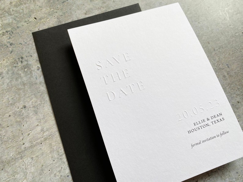 Embossed Save the Date Card: Minimalist Letterpress Wedding Invitation ...