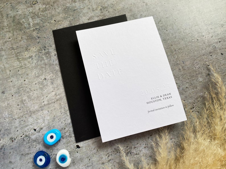 Embossed Save the Date Card: Minimalist Letterpress Wedding Invitation ...