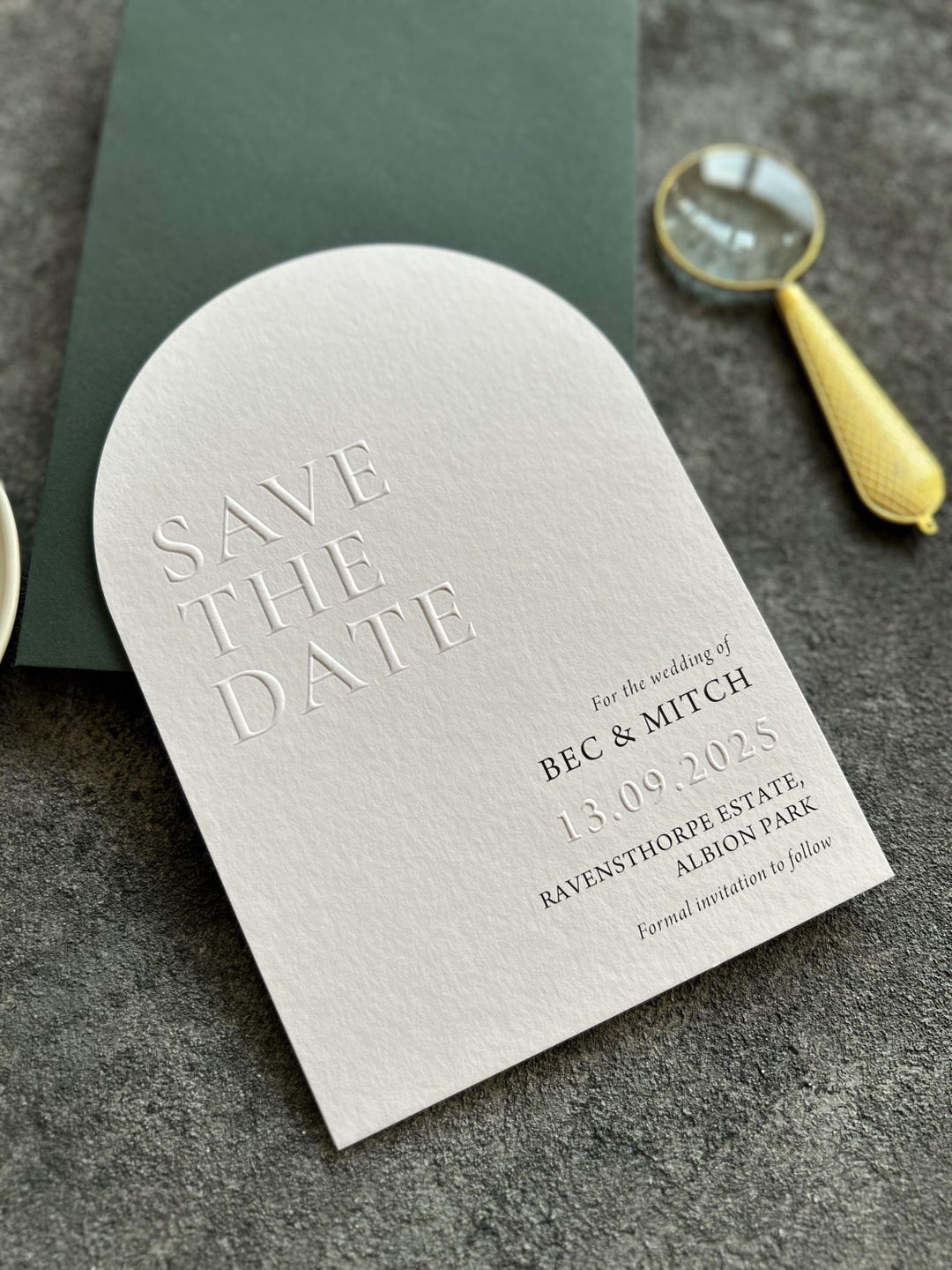 Printed Arch Emboss Save the Date, Chic Letterpress Wedding Invitation ...