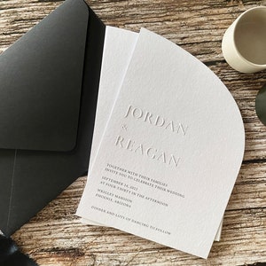 Minimal Emboss Wedding Invitation, Modern Letterpress Invite, Half Arch ...
