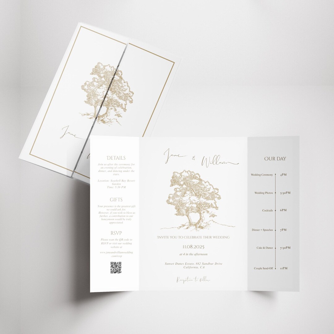 Minimalist Tree Gatefold Wedding Invitation Template: Elegant Canva ...