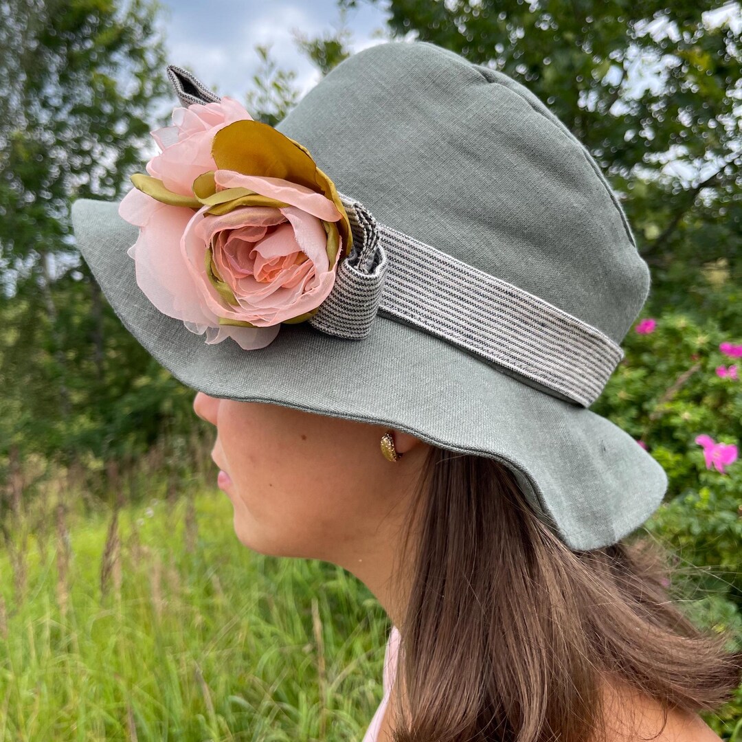 Vintage Style Olive Green Hat With Peach Blossom Flowers, Double-sided ...