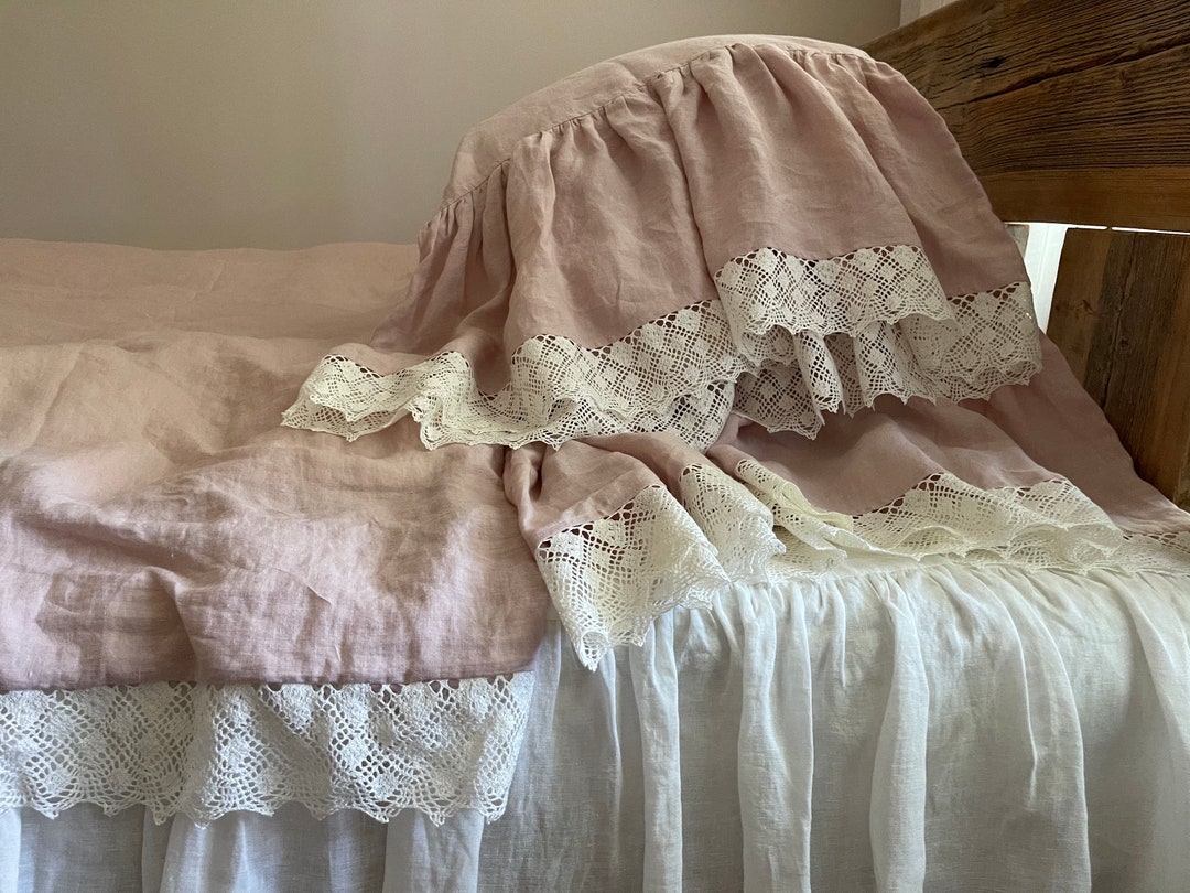 Laced Duvet Cover and Pillowcase Set, Dusty Pink With Milk White Linen ...