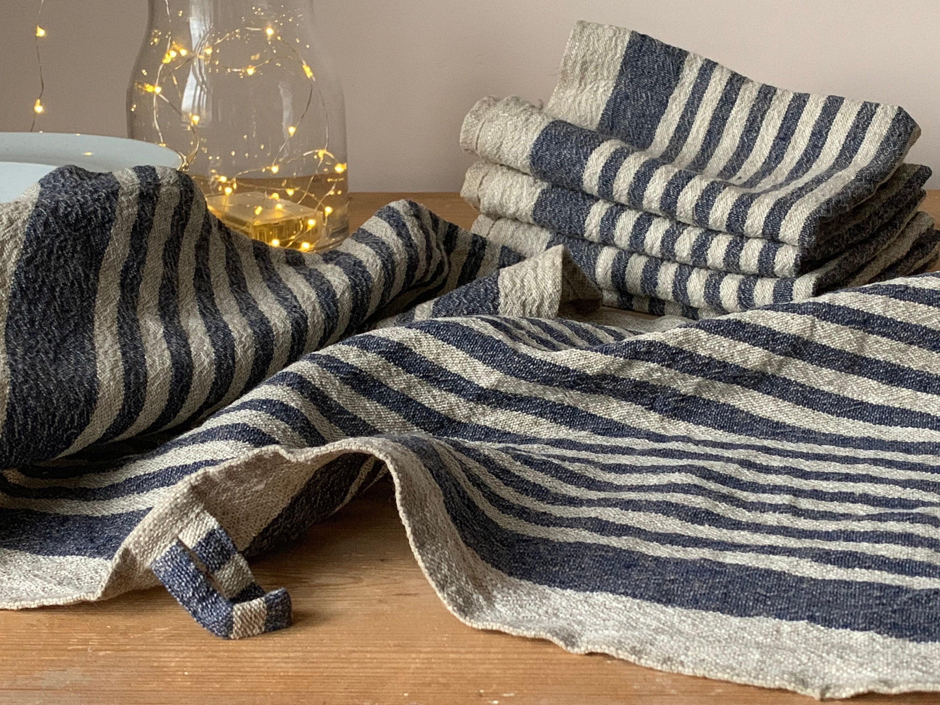 Linen Kitchen Towel with Dark Blue Stripes, Striped Kitchen Towel ...